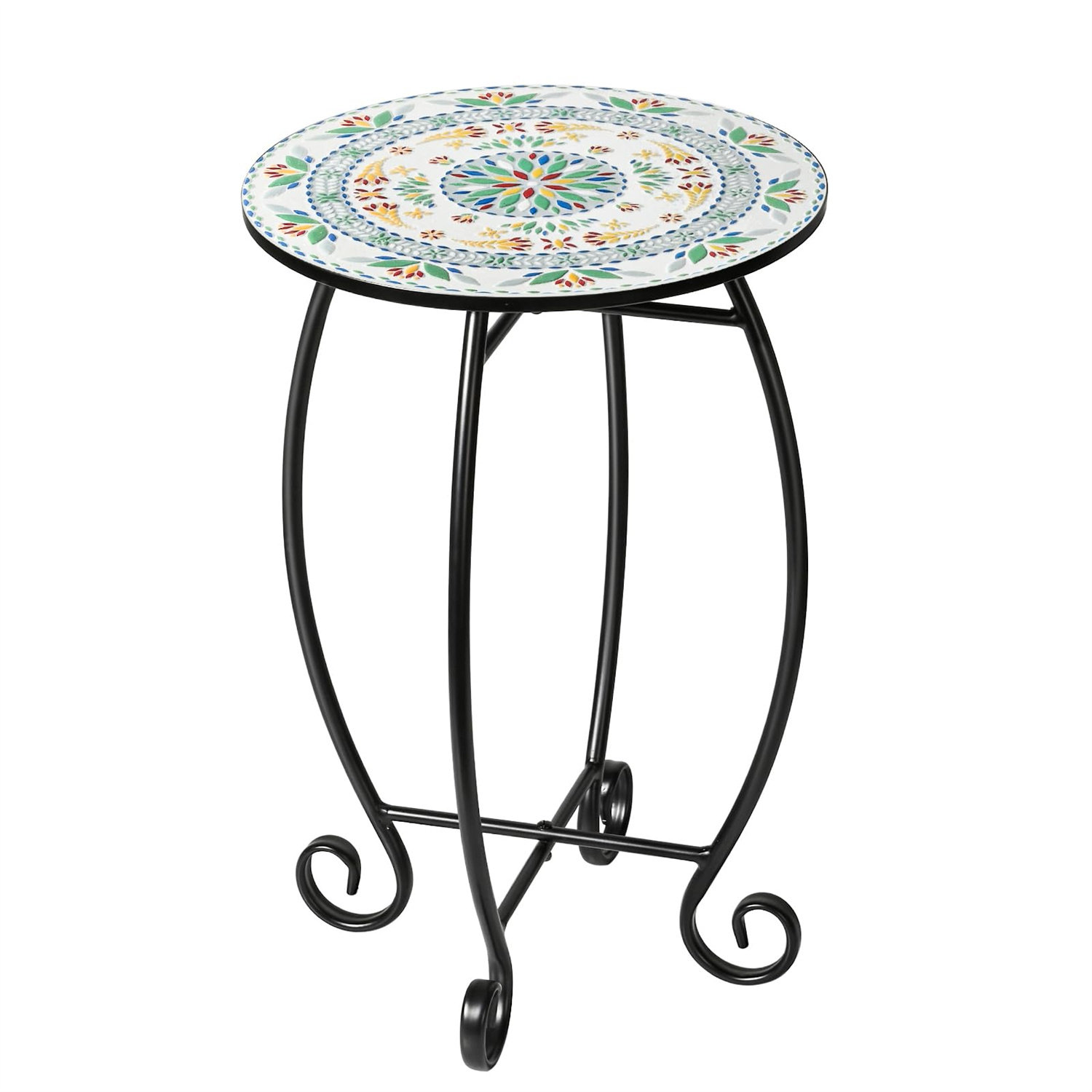 Bungalow Rose 14" Ceramic Tile Top Side Table - Scrollwork Metal Accent Table For Indoor/Outdoor ...